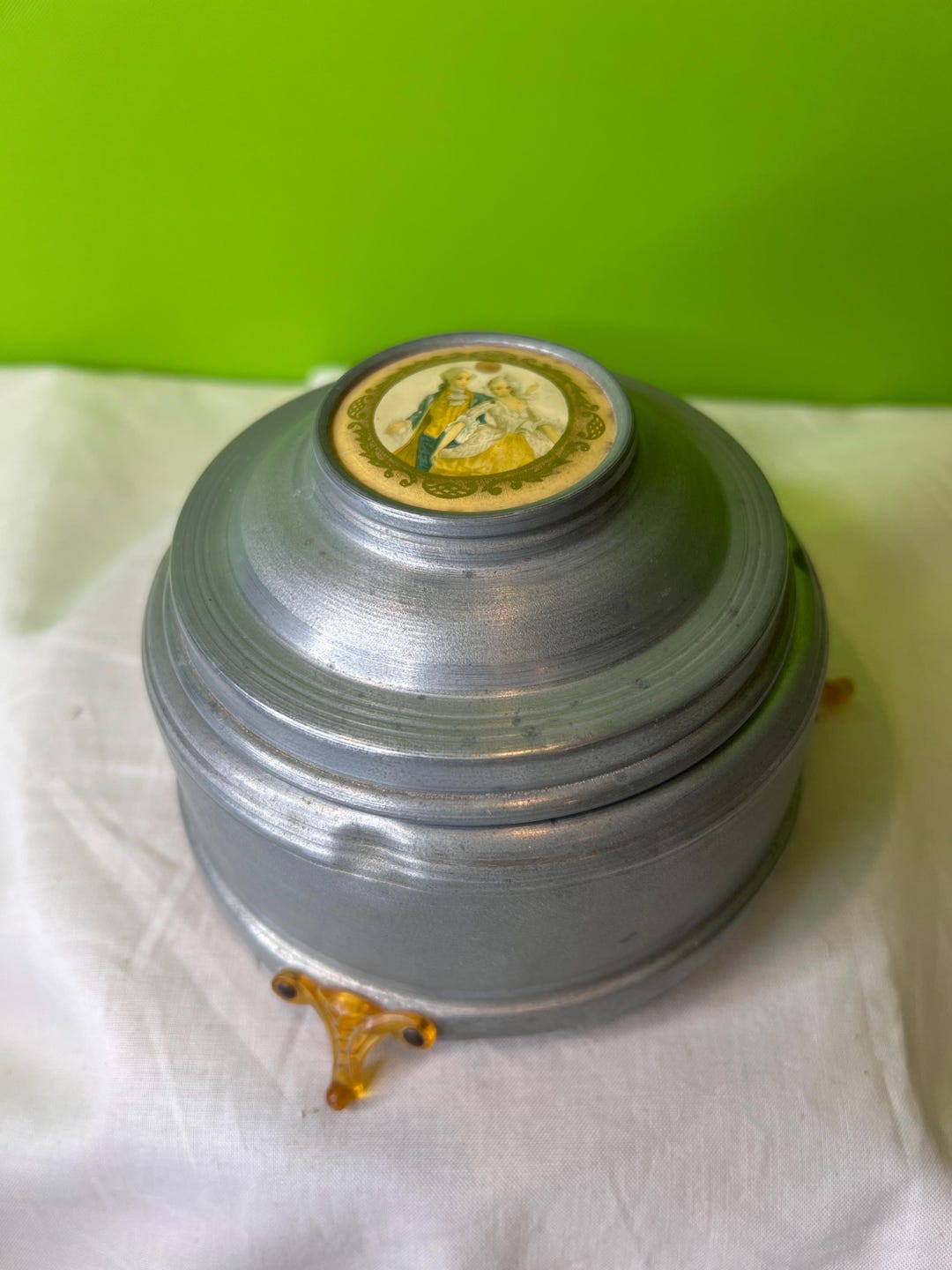 Vintage 1930-1950s Aluminum Musical Box and Powder Puff Case Combined ...