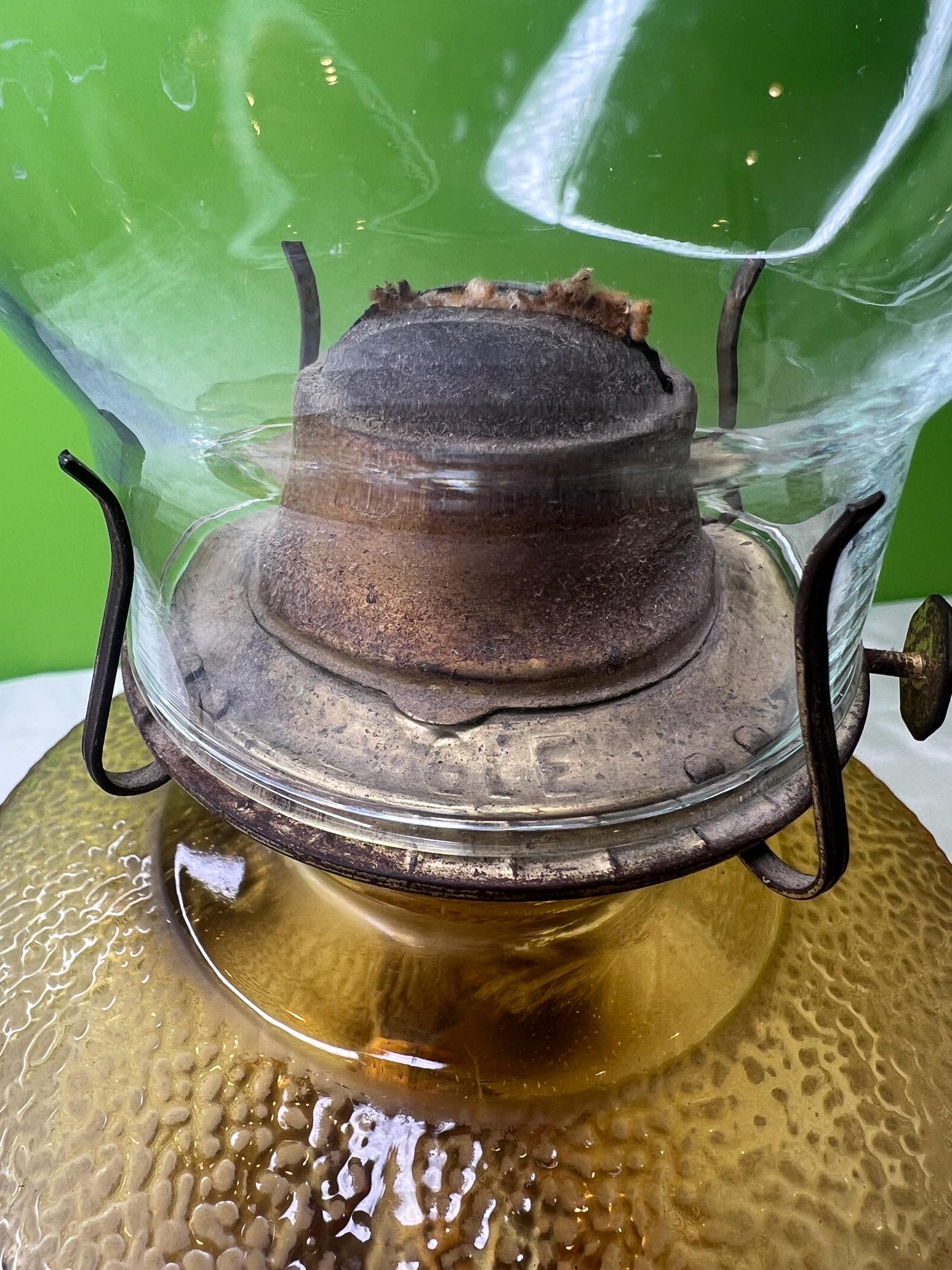 Vintage Amber Glass Eagle Oil Lamp-original With Hurricane Clear Glass ...