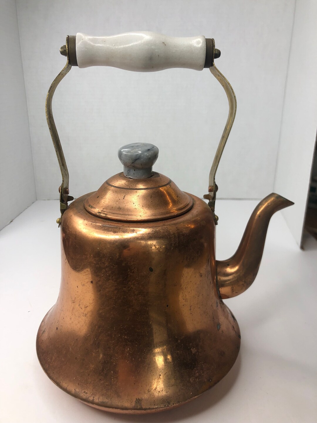 Vintage Copper Plated Tea Kettle With Marble Top and Handle Some Wear ...