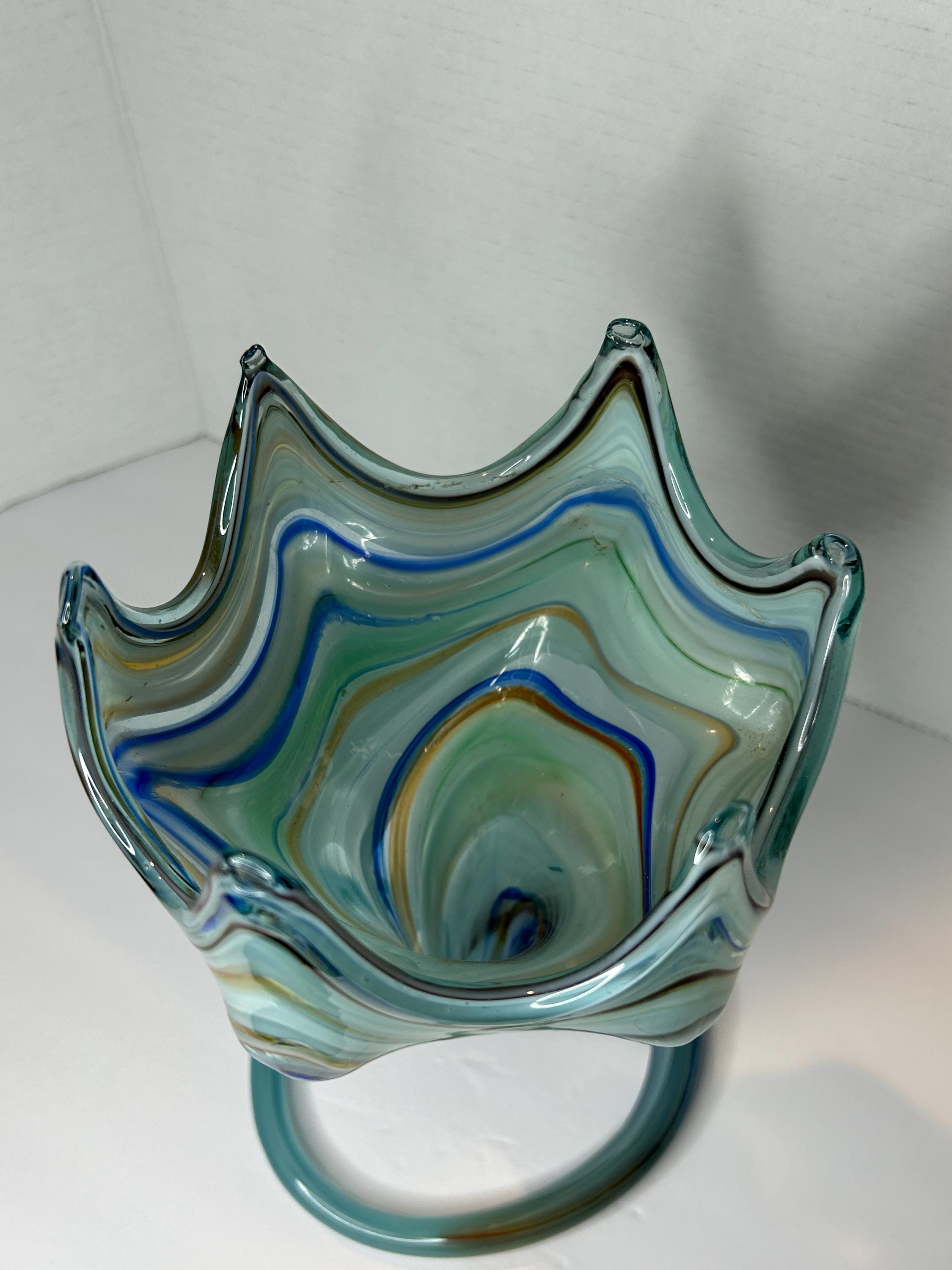 Vintage Art Deco Free Form Blown Glass Large Blue Wave Unique Vase - Etsy