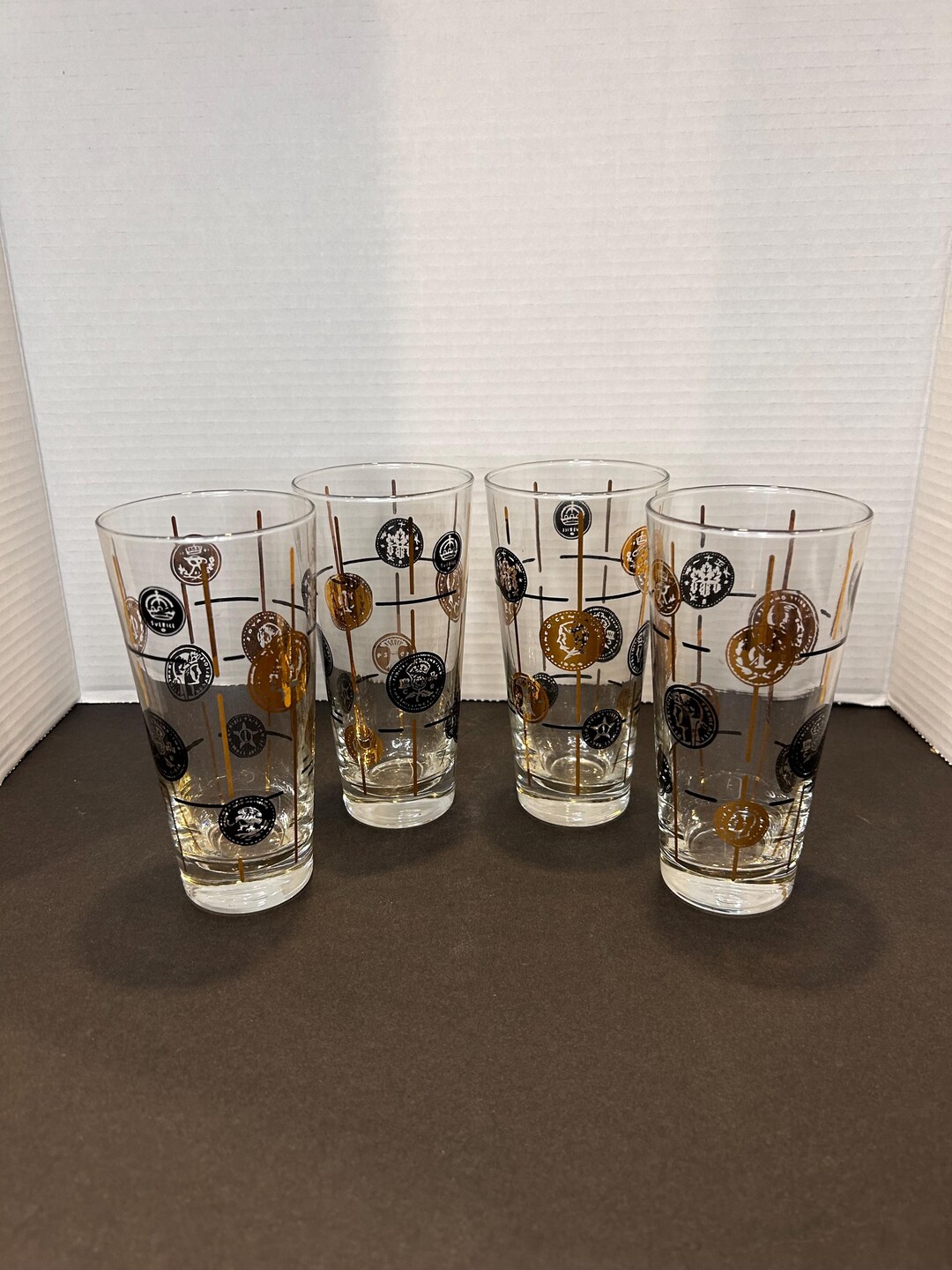 Vintage Set of 4 Libbey Old World Gold Coins Highball Drinking Glasses ...