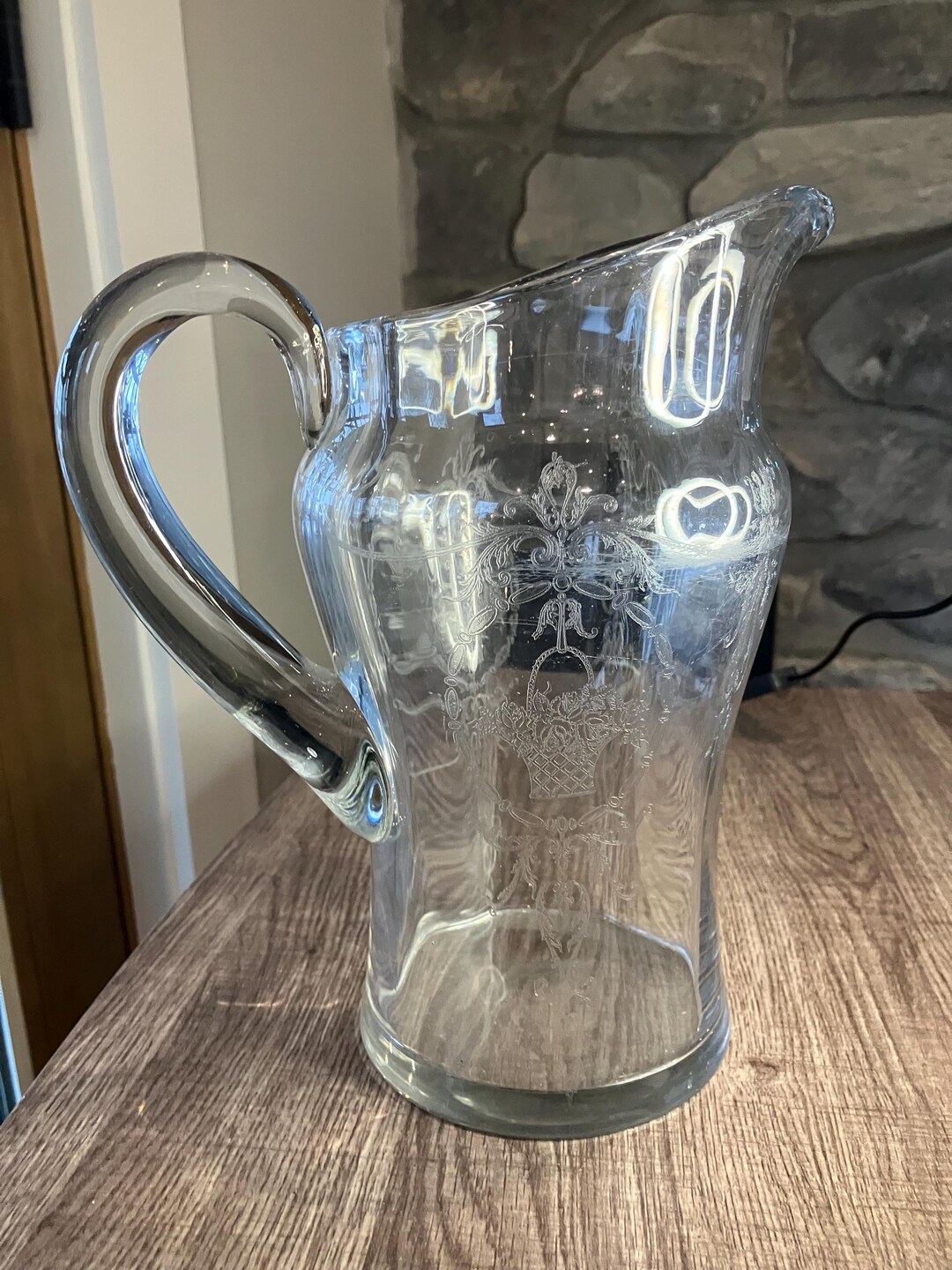 Vintage Etched Glass Attached Handle Pitcher Basket Flower Design - Etsy