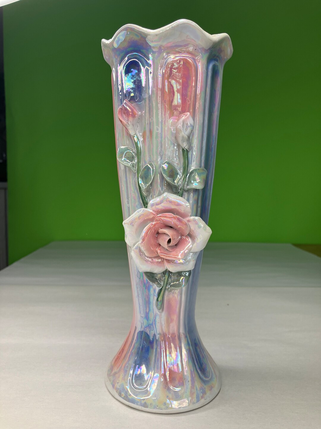 Vintage Lusterware Vase Gorgeous Blue and Pink Flower Design Absolutely ...