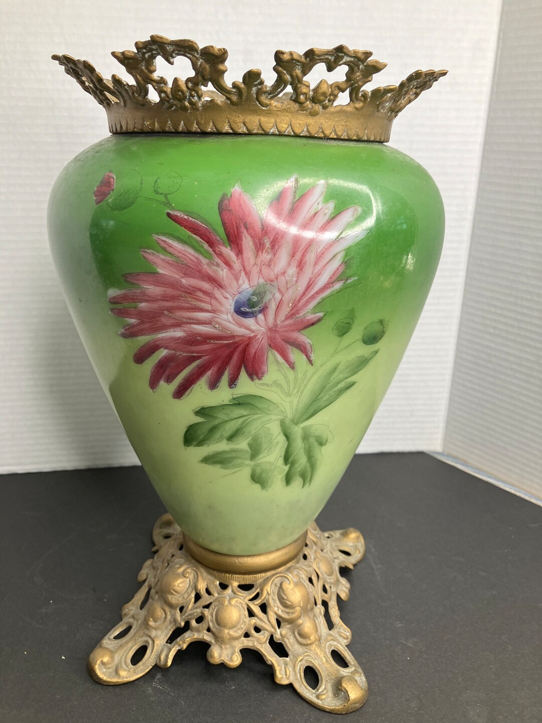 Vintage Green Parlor Lamp Vase With Purple Flower Brass Base - Etsy