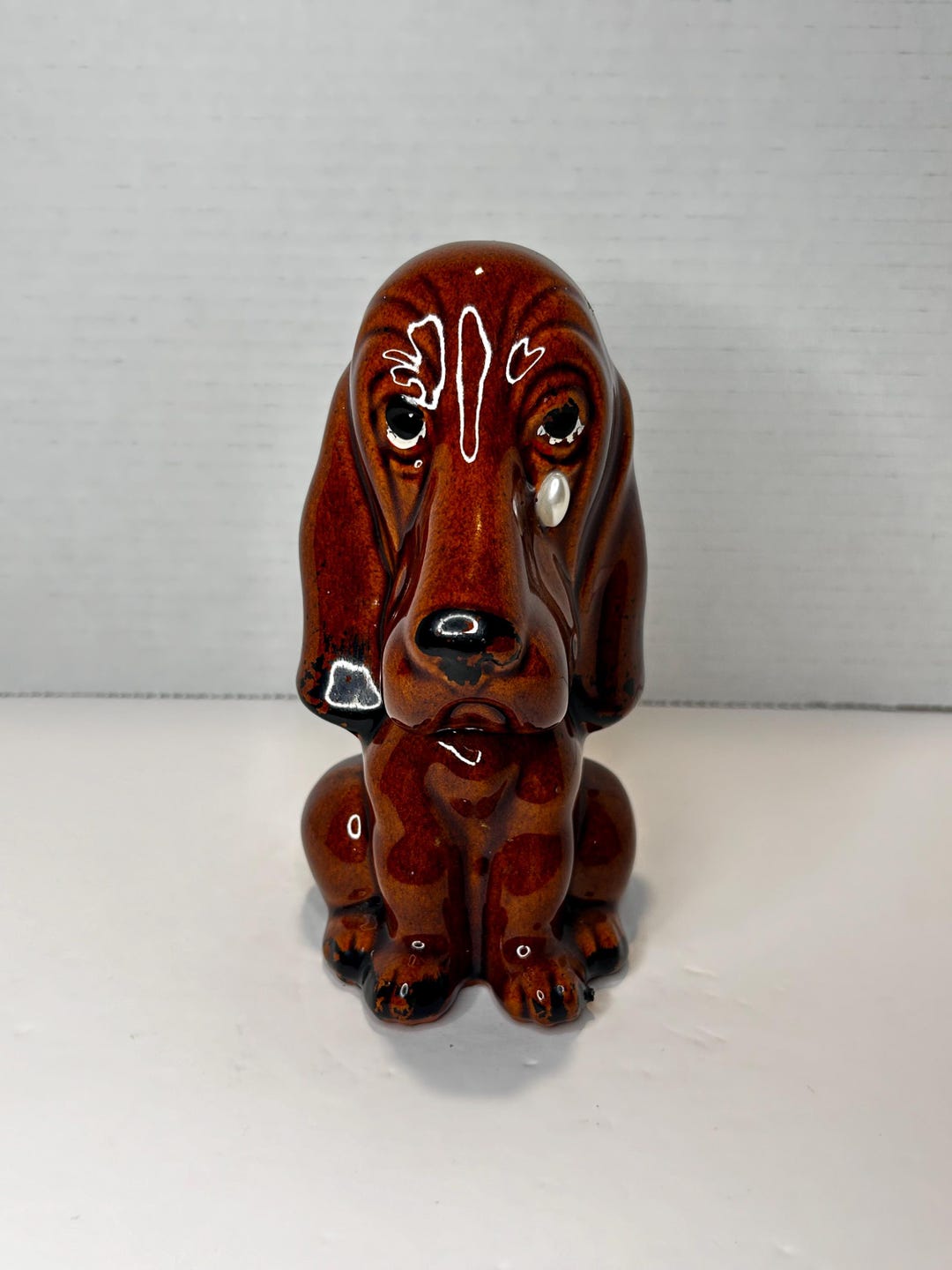 Vintage Glazed Ceramic Droopy Sad Bloodhound Basset Dog Coin Piggy Bank ...