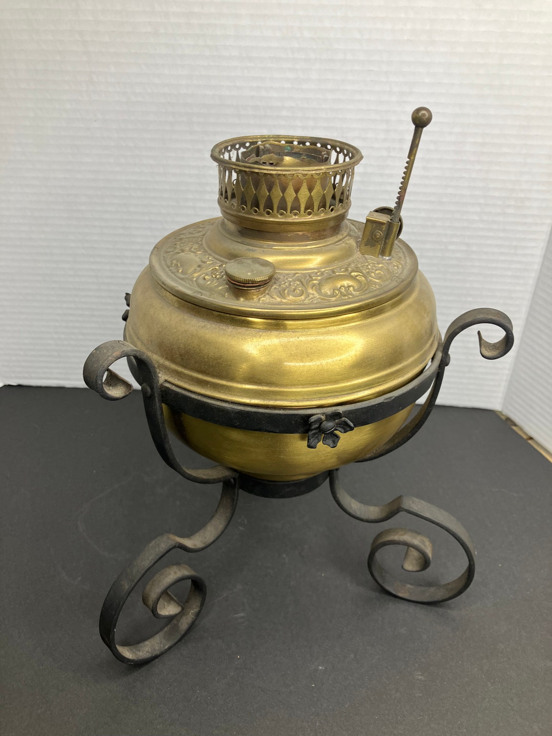 Vintage Brass Oil Lamp and Stand Ornate Wrought Iron Style Stand - Etsy