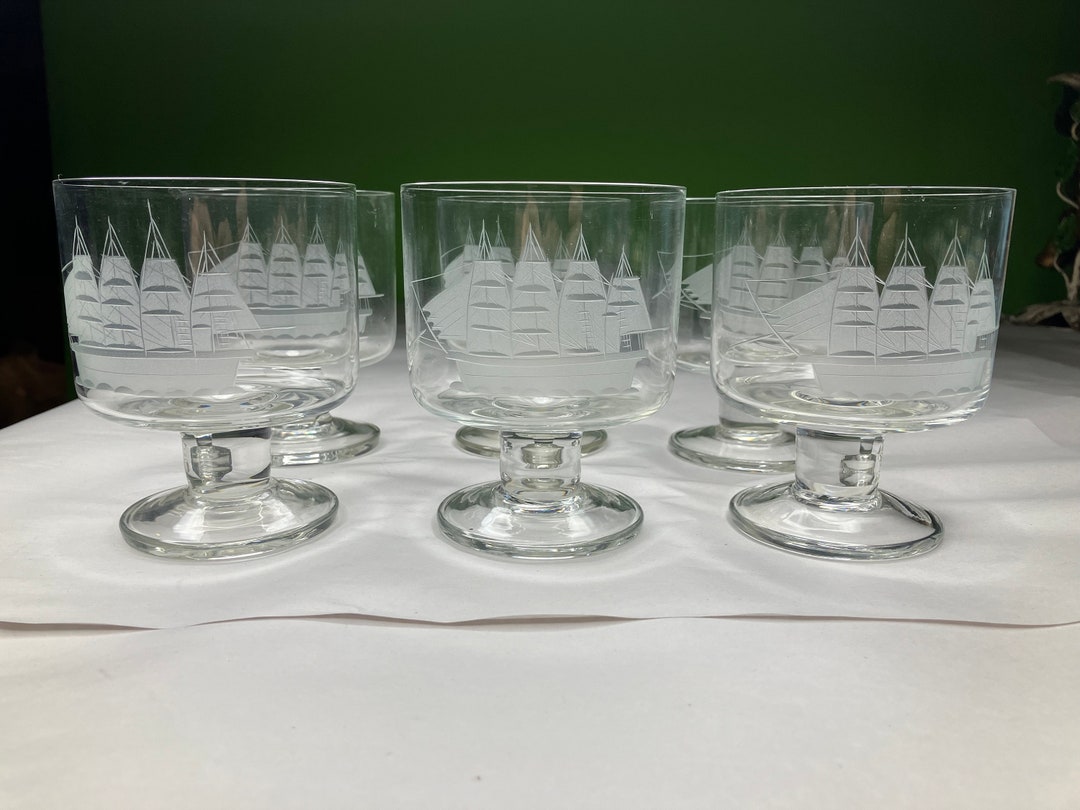 Vintage Nautical Etched Sailboat Cocktail Glasses With Gorgeous Shape ...