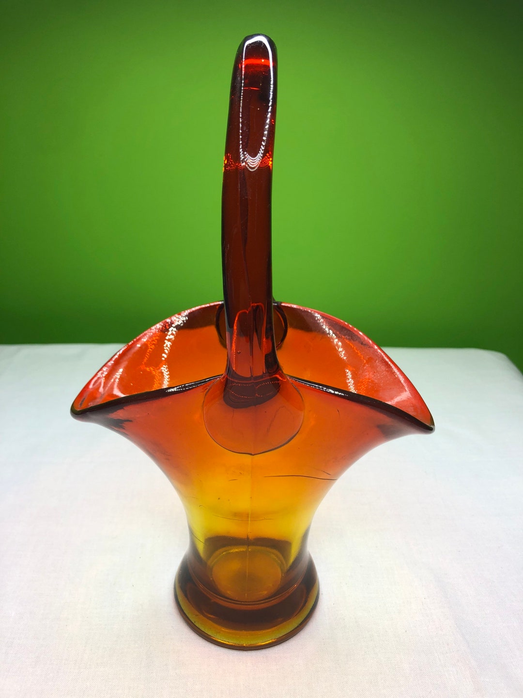 Vintage Tiffin Art Amberina Starburst to Ruby Handle Heavy Glass Basket ...