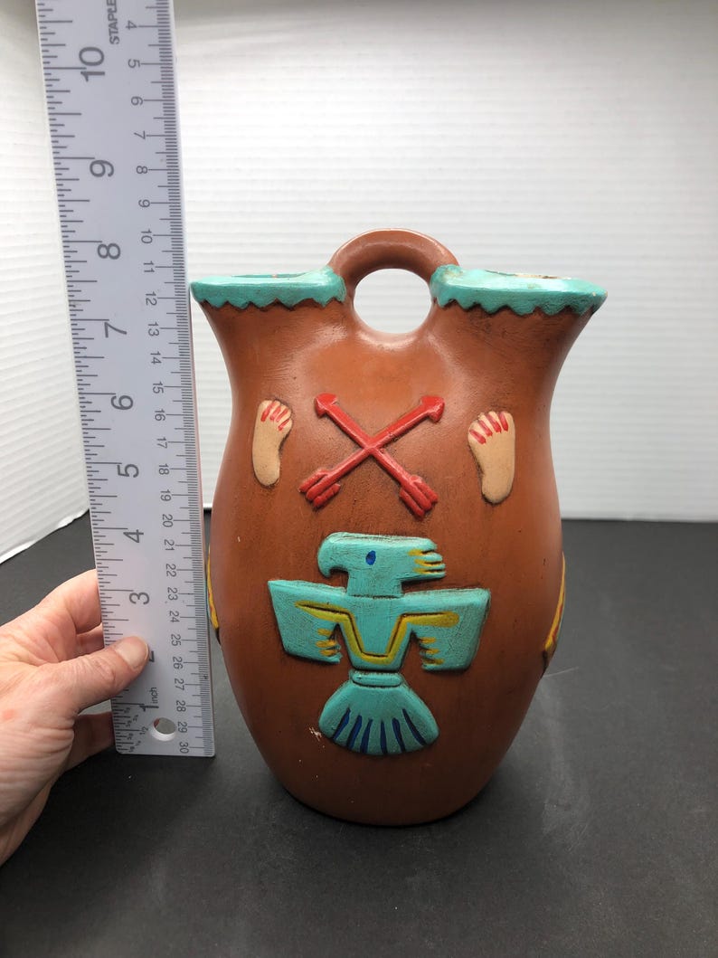 ART POTTERY Incan/mayan Art Double Mouth Distressed Vase /vintage ...