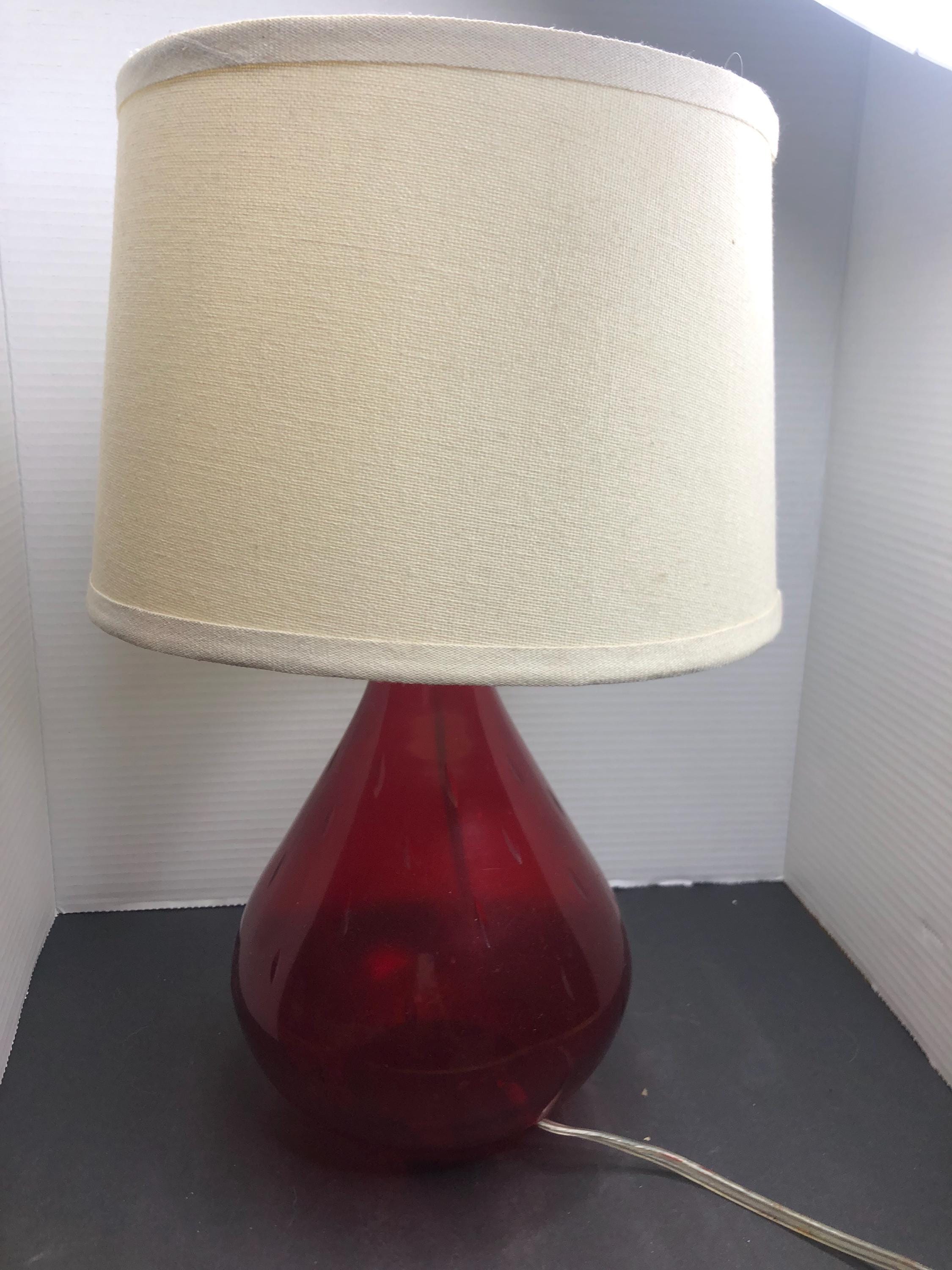 Red Glass Desk Lamp With off White Fabric Shade Some Wear Noted on Red ...