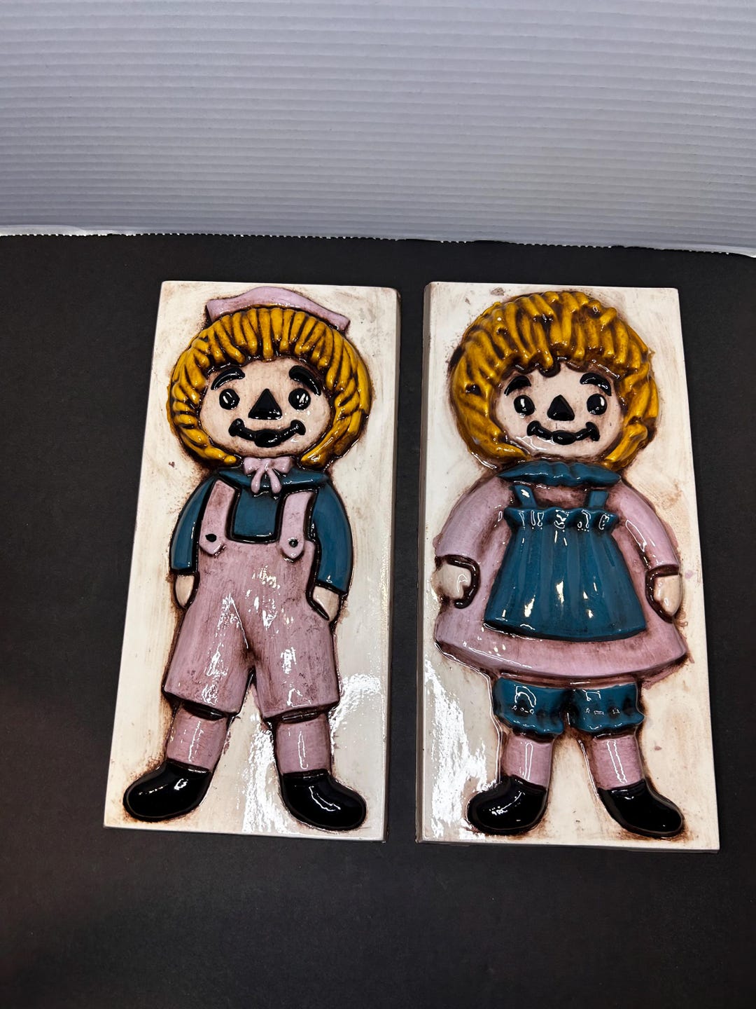 Vintage Set of Two Raggedy Anne Boy and Girl Dolls on Ceramic Glazed ...