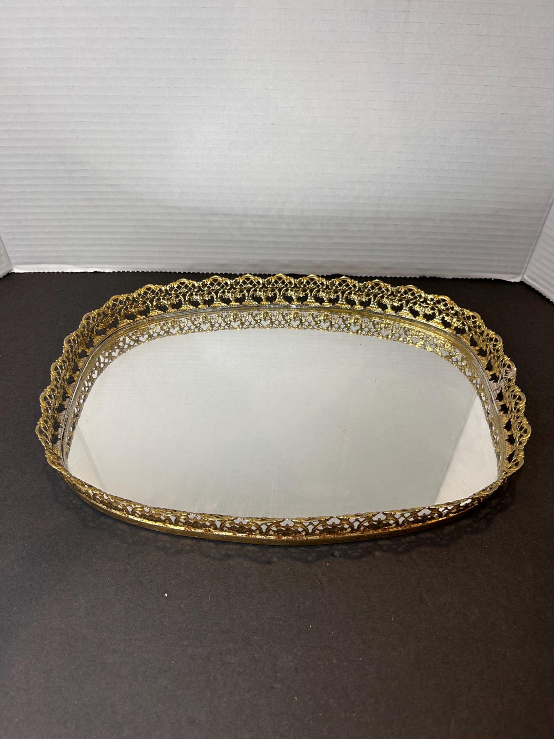 Vintage Rounded Rectangle Ornate Silverplated Metal Rim Mirrored Vanity ...