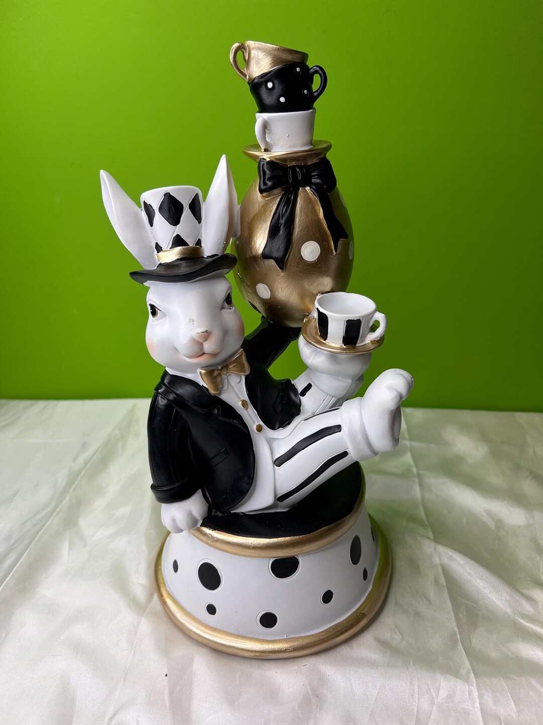 Mad Hatter Easter Spring Black White Gold Bunny Egg Balancing Teacups ...