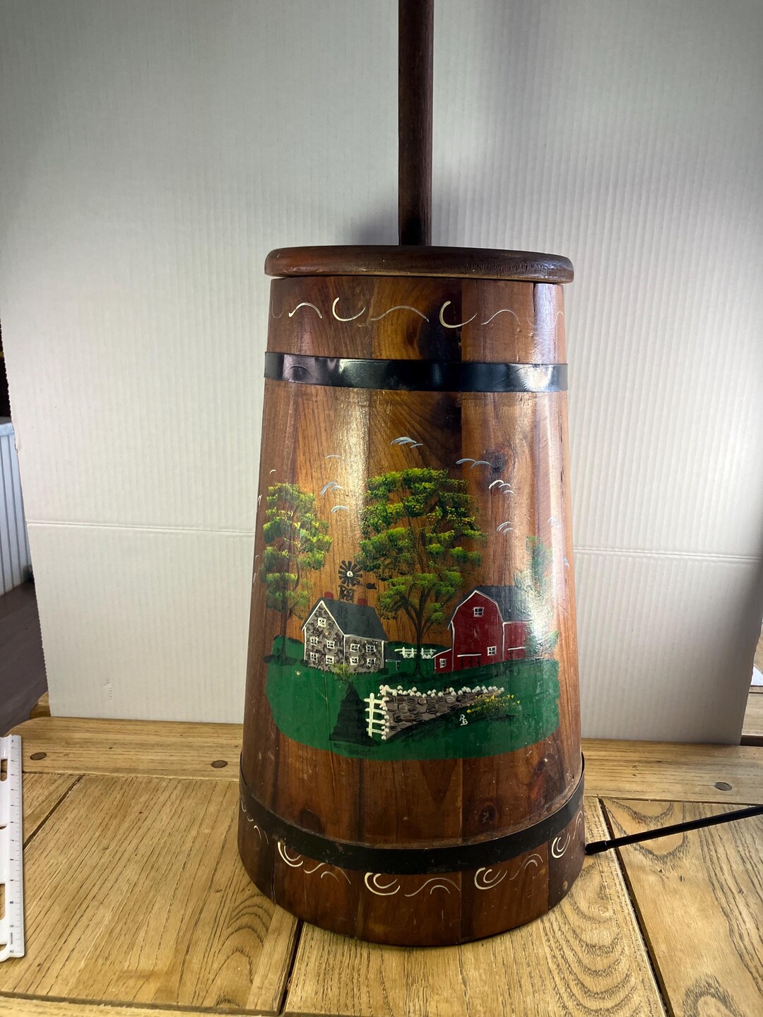 Vintage Wooden Hand Painted Butter Churn Farm House Scene. Please ...