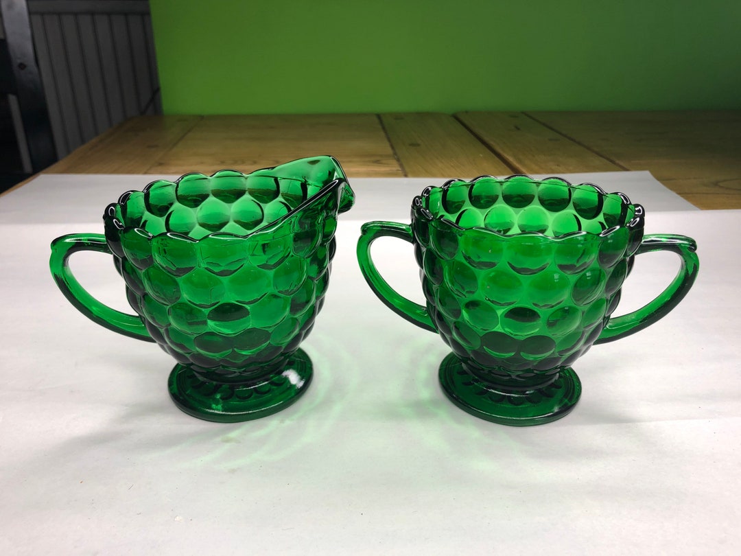 Vintage Emerald Green Depression Glass Creamer and Sugar Set With ...