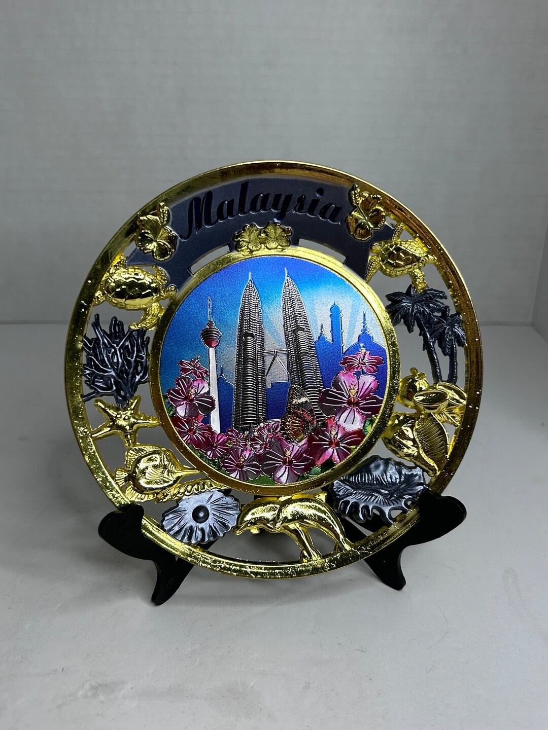 Vintage Malaysia Souvenir Metal Foil Decorative Plate in Original Box ...