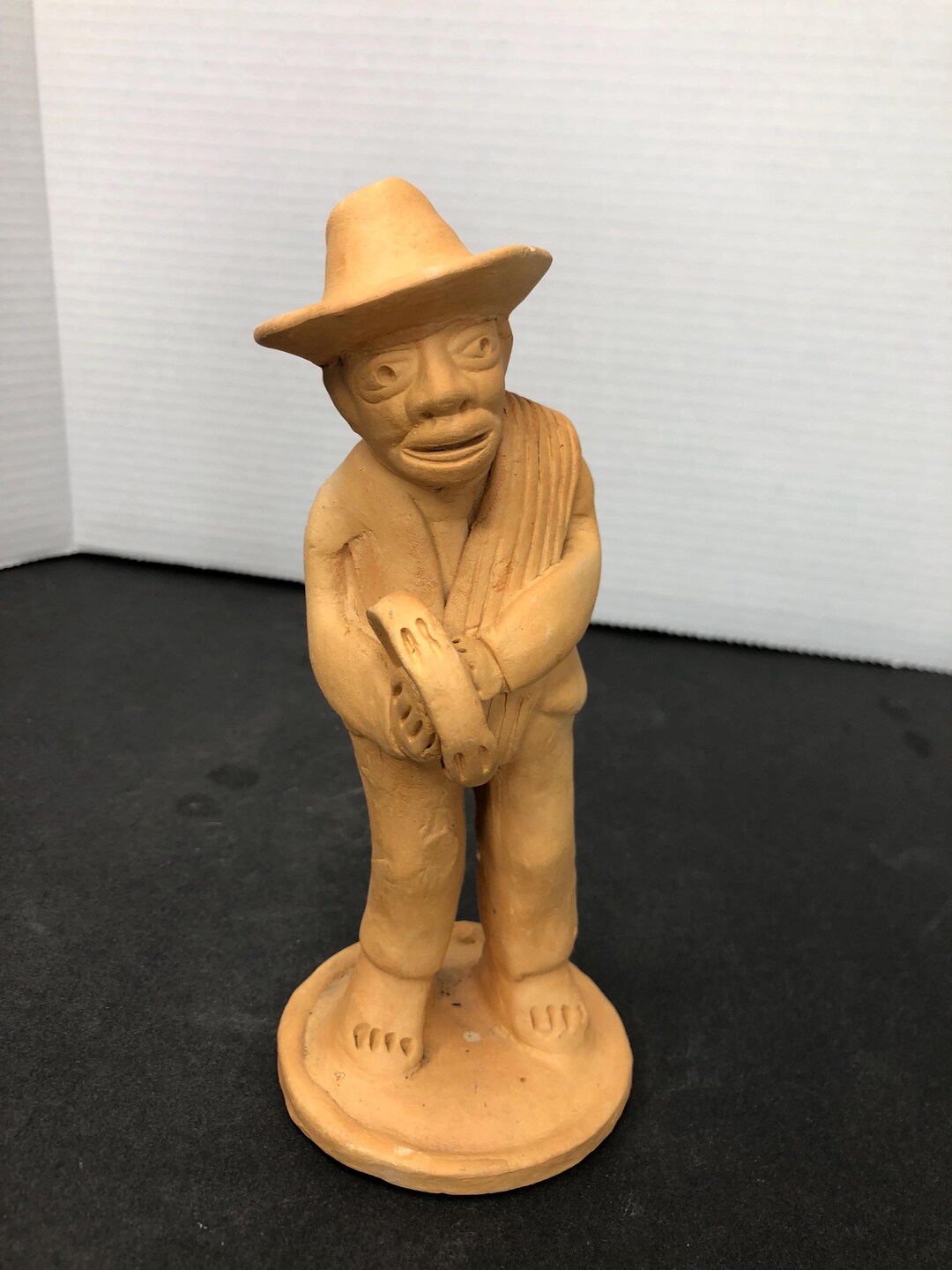 Vintage Clay Statue of Man Playing Tambourine Folk Art Statue Unglazed ...