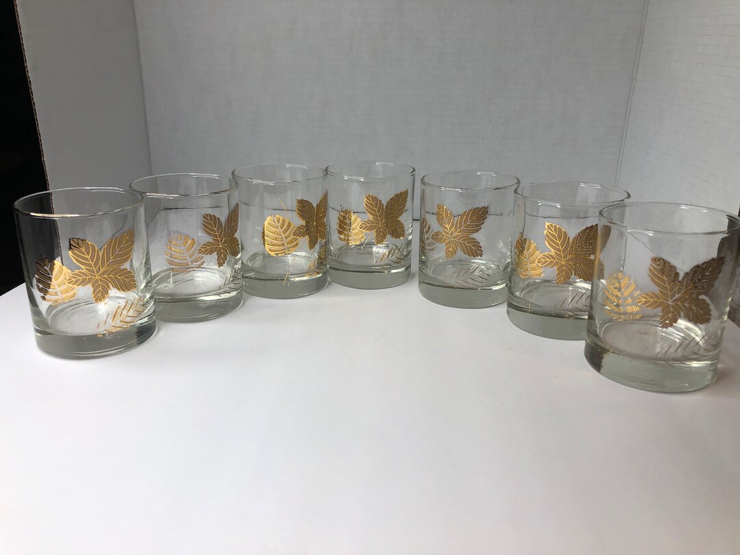 Vtg Libbey Gold Leaves Glass Pattern Old Fashioned MCM Gold Rim Set of ...