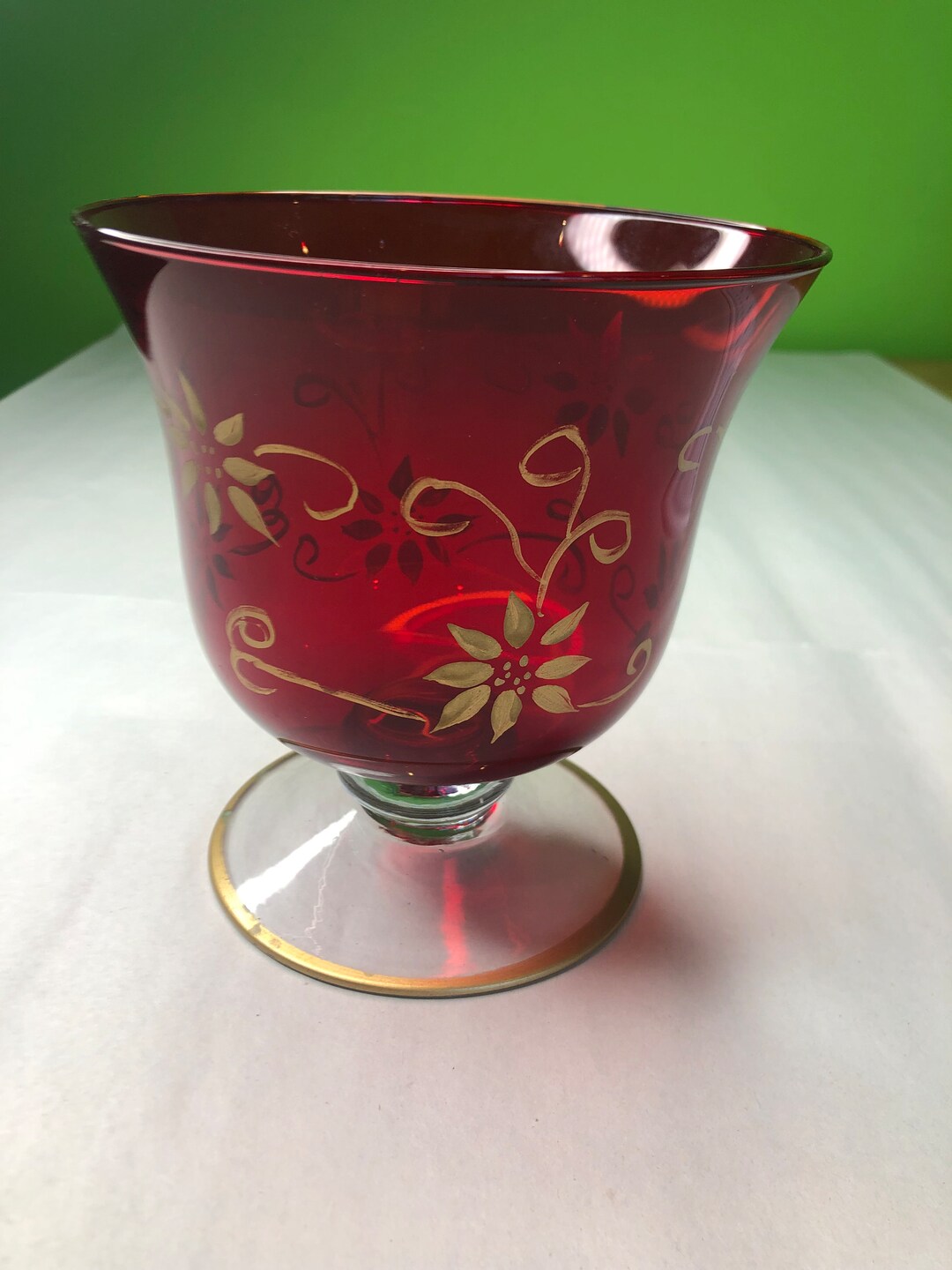VTG Ruby Red Glass Compote Footed Bowl Handpainted Gold Floral Clear ...