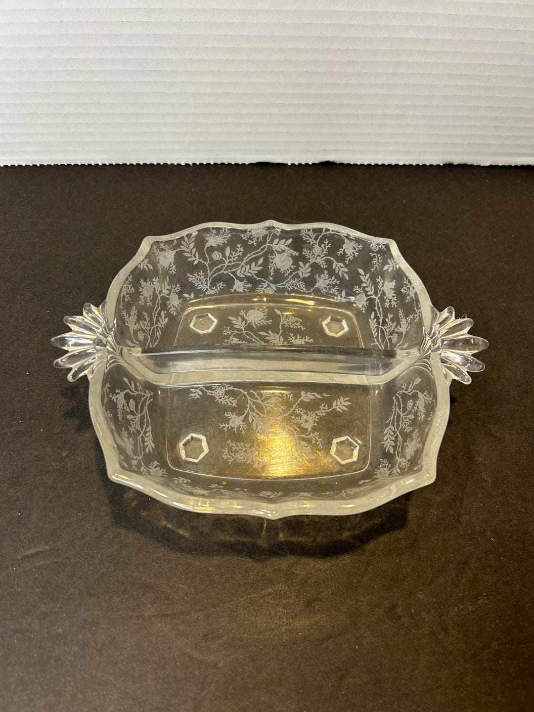 Vintage Ornate Frosted/etched Divided 2 Sided Floral Square Condiment ...