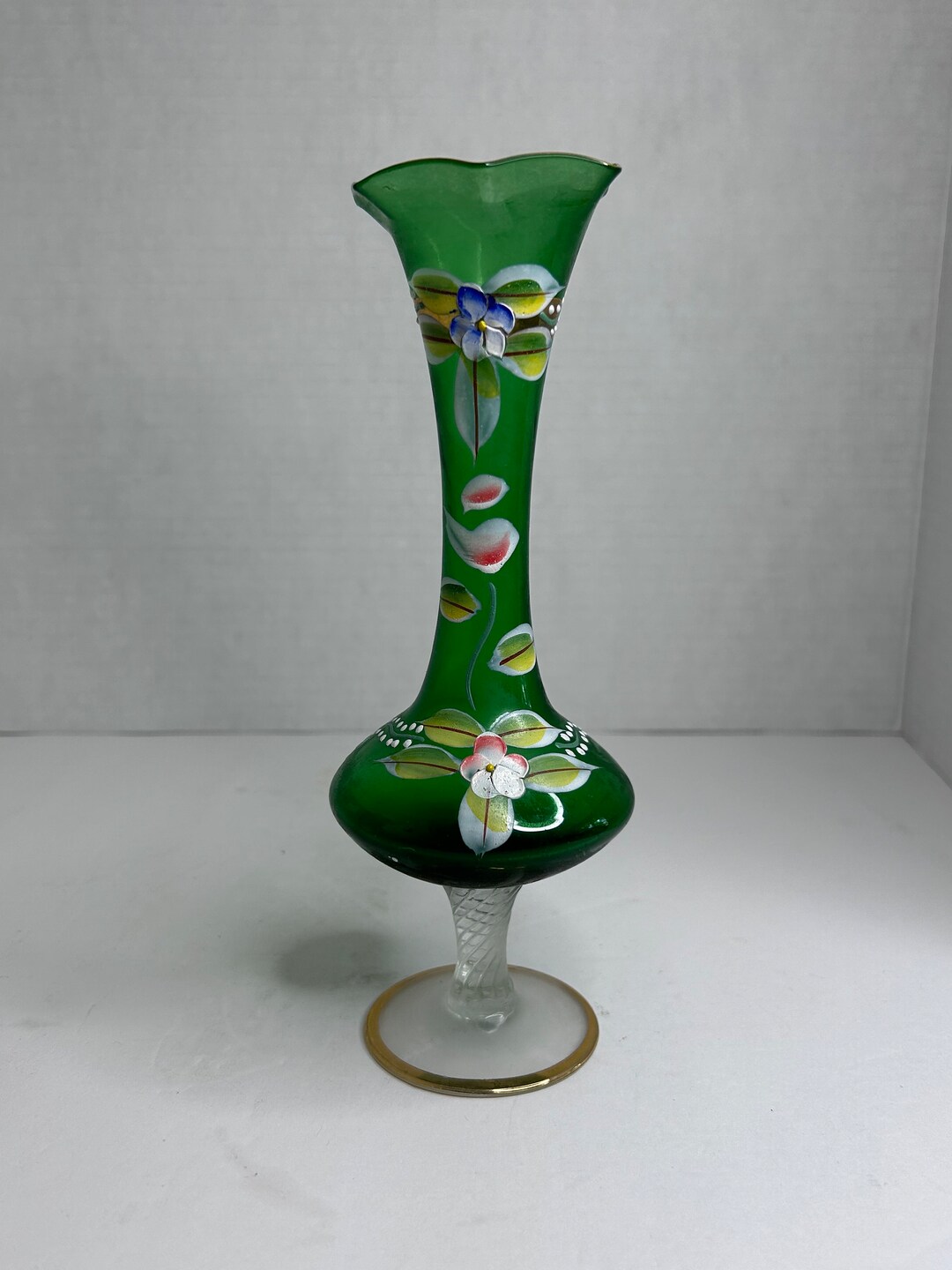 Vintage Bohemian Bud Vase Green Glass Acrylic Embossed Flower Clear ...