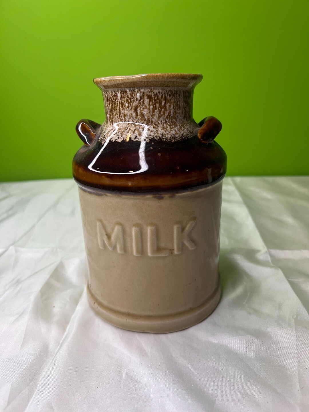 Vintage Enesco Double Handled “milk” Crock ~ Drip Glaze Speckled ...