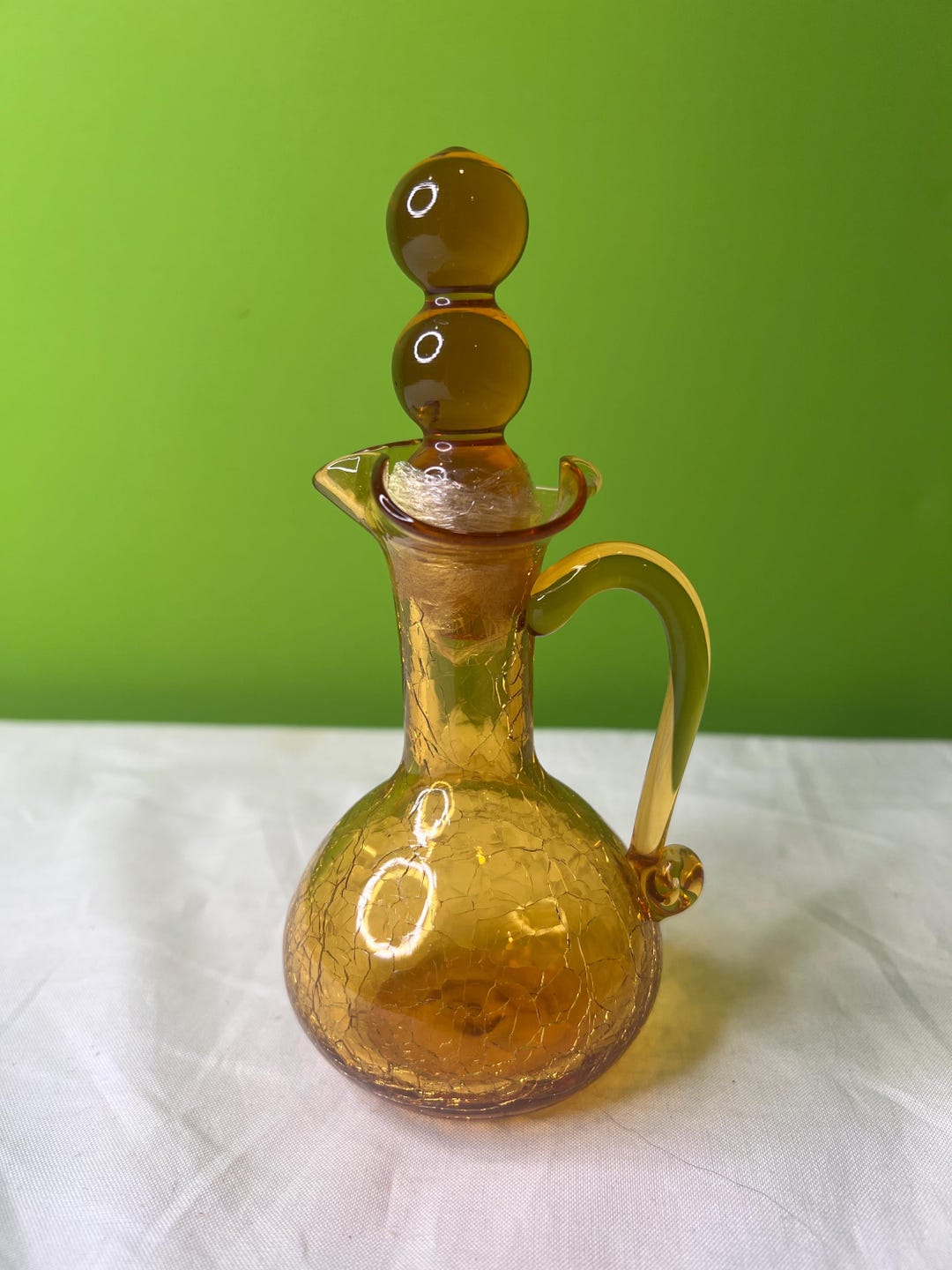 Vintage Amber Crackle Glass Cruet Blenko Pilgrim Pitcher Decanter With ...