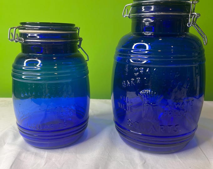 Vintage Cobalt Blue Glass Canister Jars ~ Set of 2 ~ "cracker Barrel ...