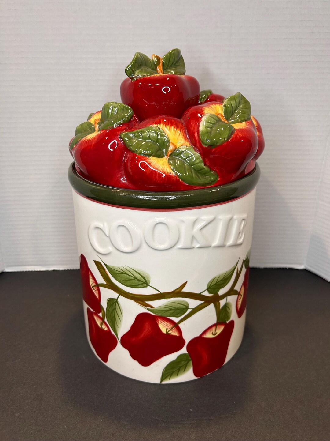 Vintage XL 12" Red Apple Orchard Bunch Ceramic Cookie Jar or Canister ...