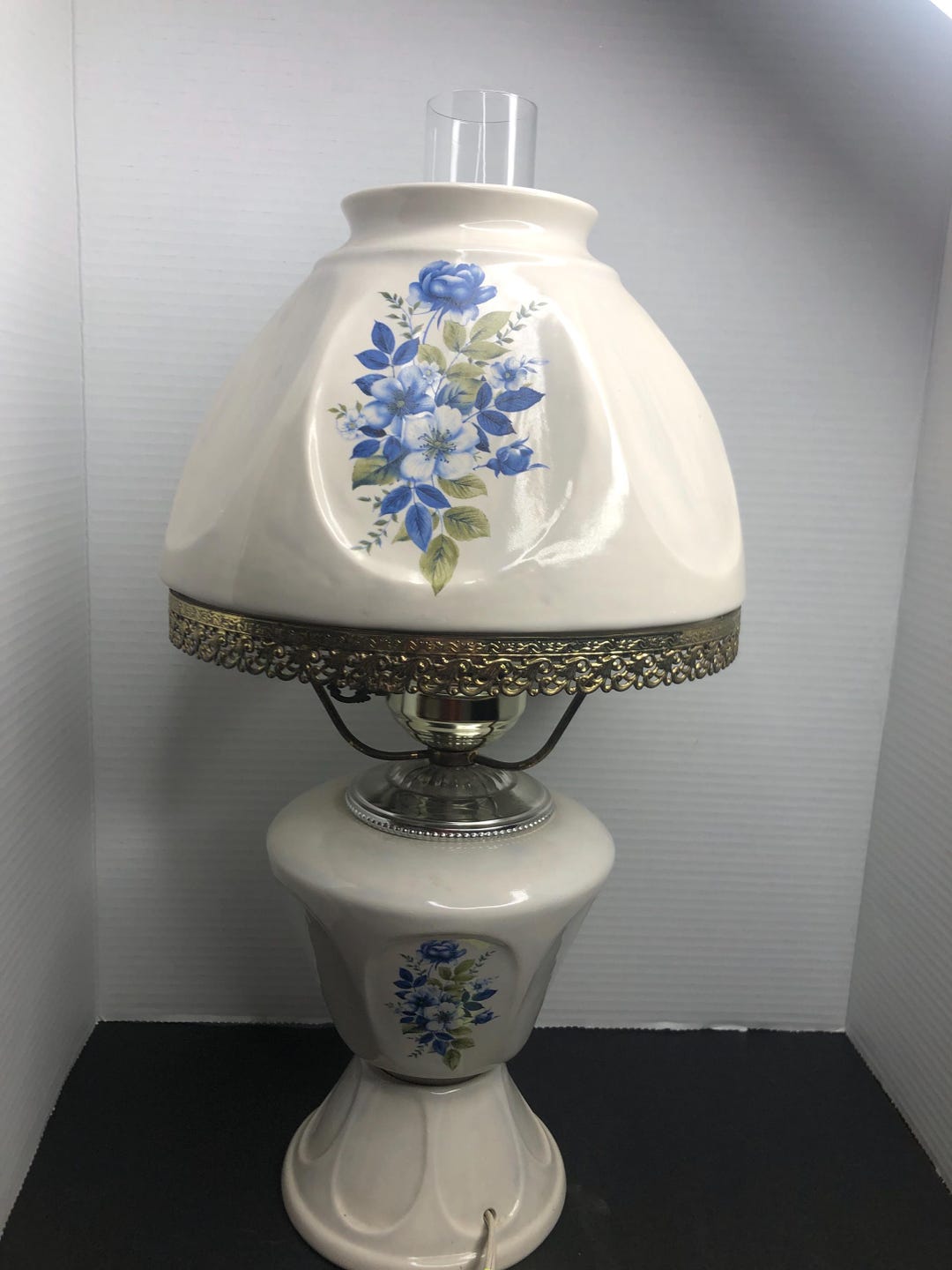 Vintage Ceramic Hurricane off White With Blue Floral Design Two Tiered ...