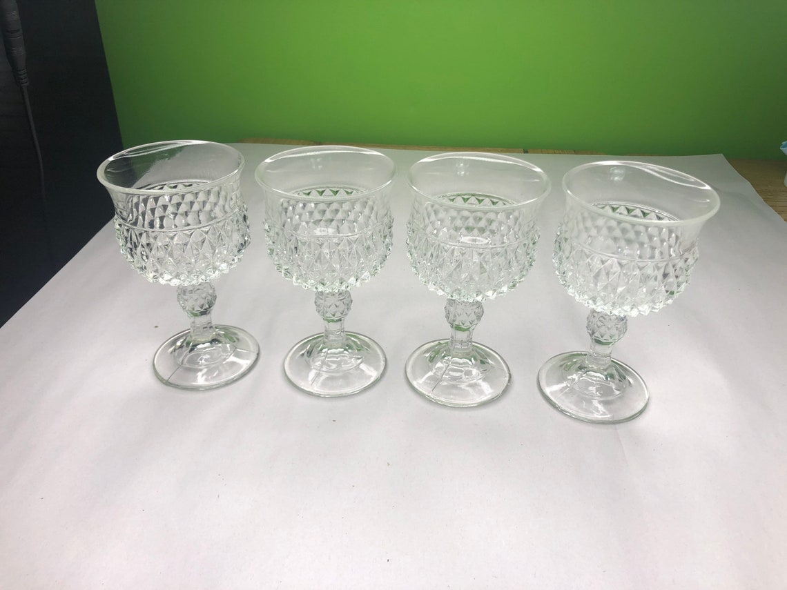 Vintage Indiana Glass Co Diamond Cut Glass Wine Glass Set of 4 With ...