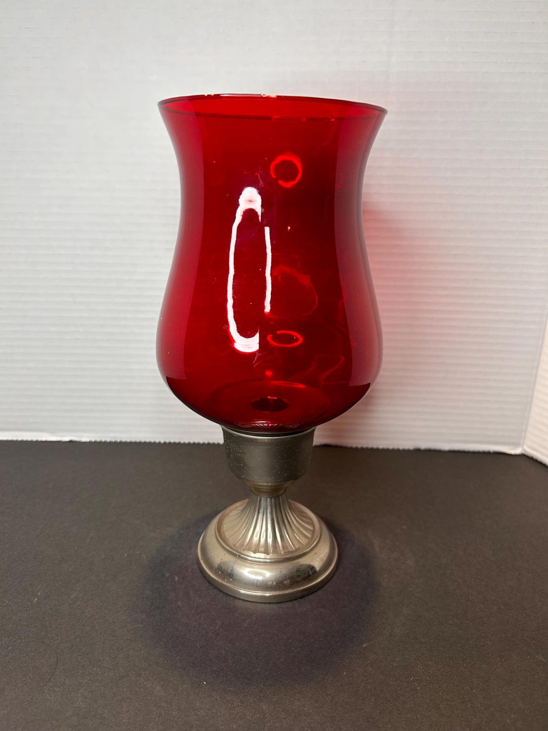 Vintage Extra Large Ruby Red Hurricane Glass Candleholder on Pewter ...