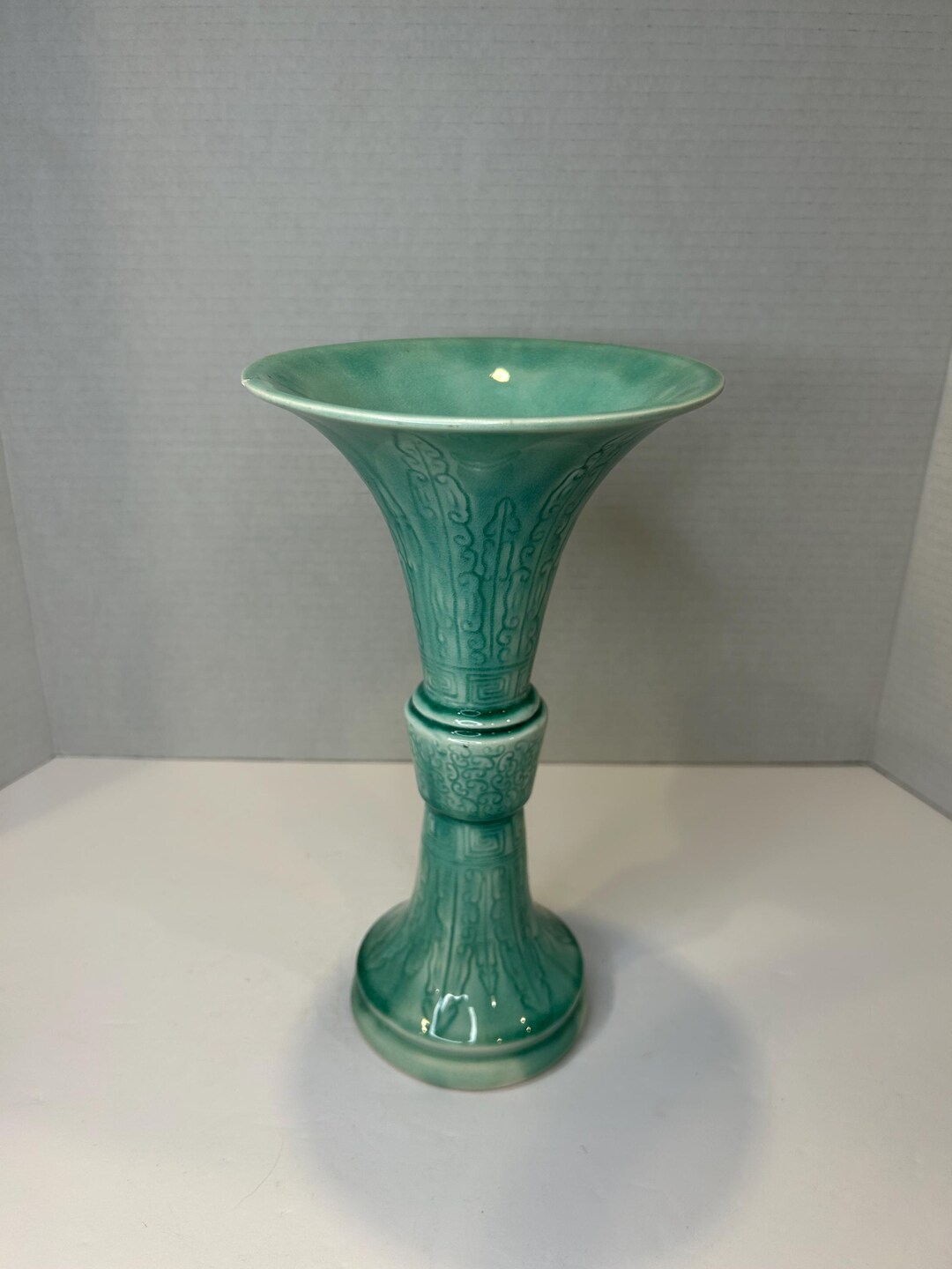 Vintage Fluted Ceramic With Indented Designs Teal Aqua Blue Trumpet ...