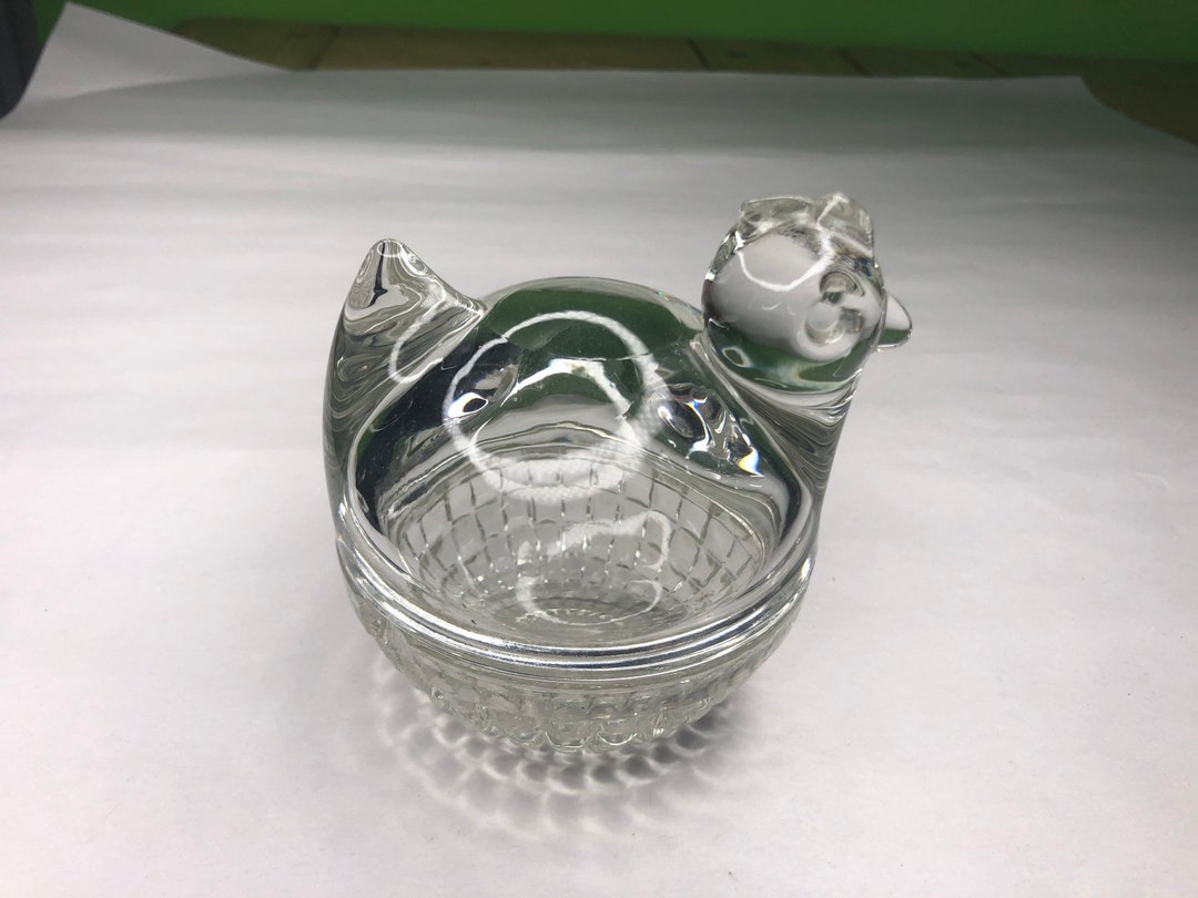 Vintage Clear Glass Hen Candy Dish With Textured Weaved Bottom Small ...