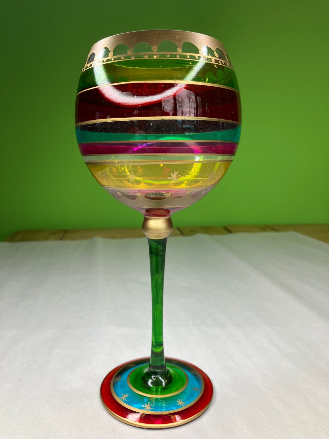 Vintage Pastel Glass Wine Glass With Gold Accents and Lovely Stained ...