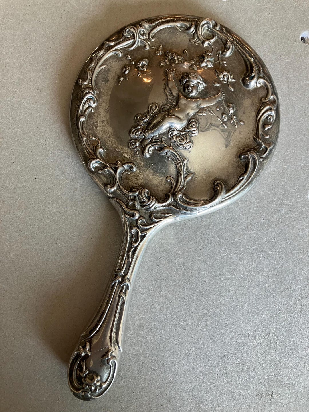 Vintage Silver Hand Mirror With Cherub and Fine Scrolling Very Heavy ...