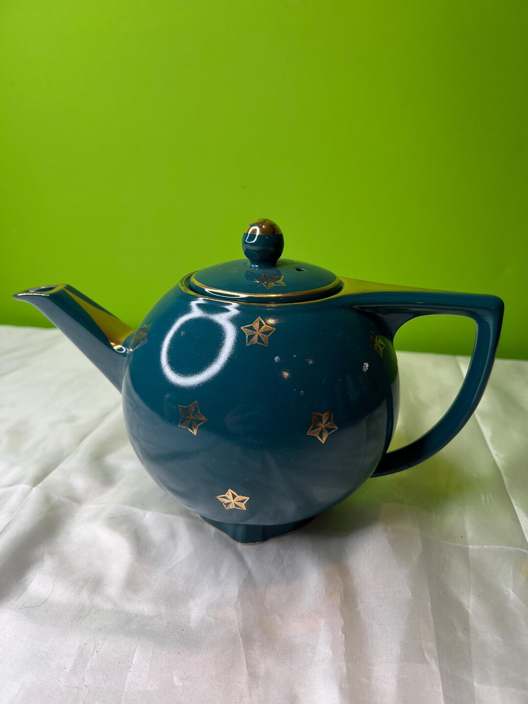 Vintage Hall China 6 Cup Teapot "star" Teal and Gold 0740 ~ Right Angle ...