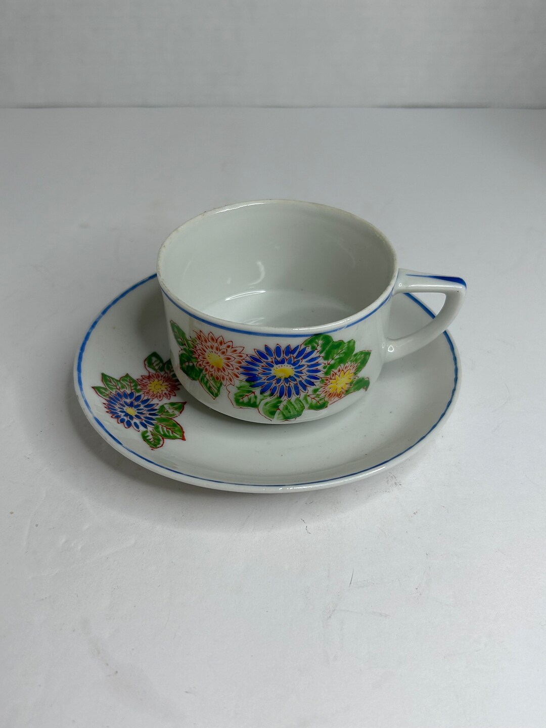 Vintage Occupied Japan Single Tea Cup and Saucer Blue and Red Flower ...