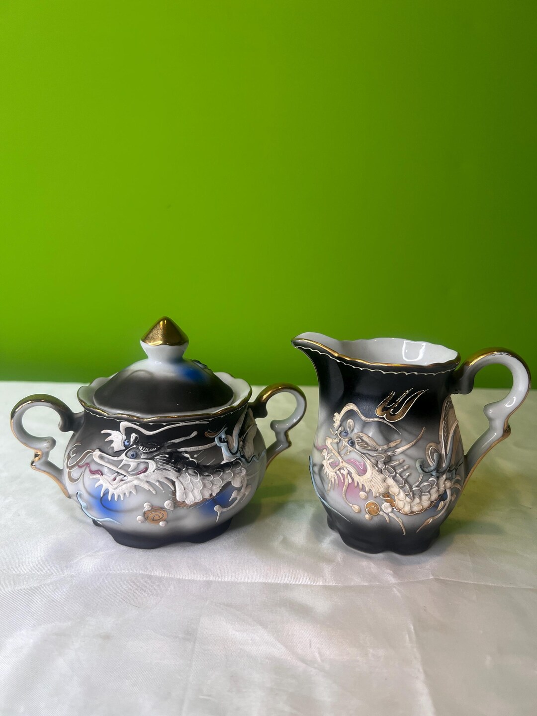 Vintage Dragonware Japan Moriage Lithophane Gold Black Gray Blue Sugar ...