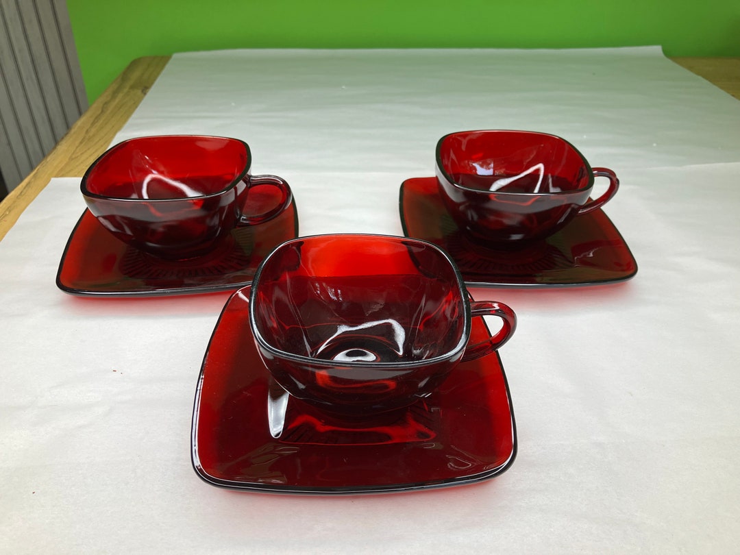 Vintage Royal Ruby Red Glass Cups and Saucer Collection of 3 Gorgeous ...