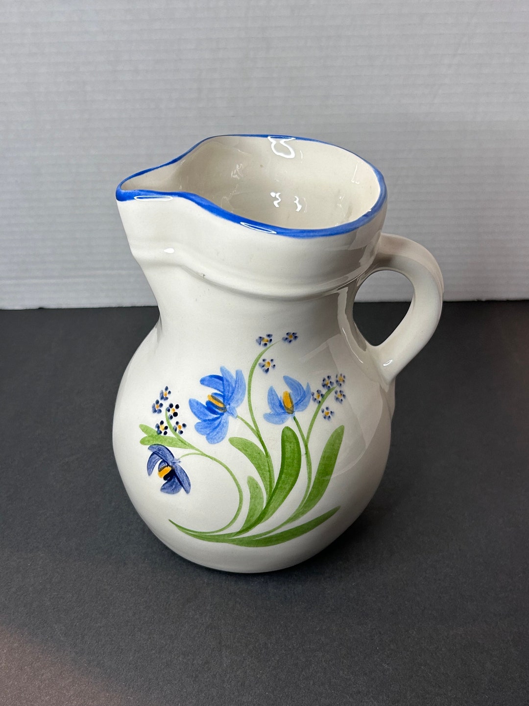 Vintage Ceramic Blue Flower Glazed Large Pitcher - Etsy