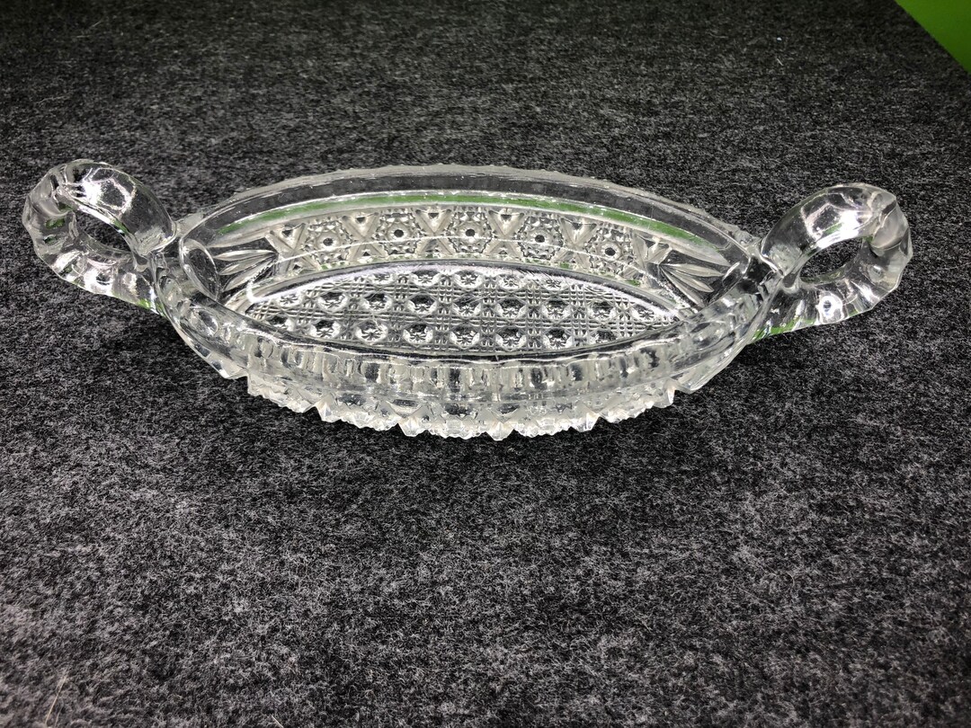 Vintage Heavy Cut Glass Oval Dish With Dual Handles and Pointed ...