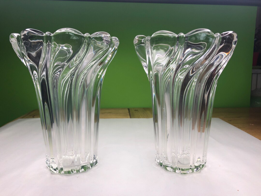Vintage Mikasa Heavy Clear Swirl Glass Peppermint Vase Set Gorgeous ...