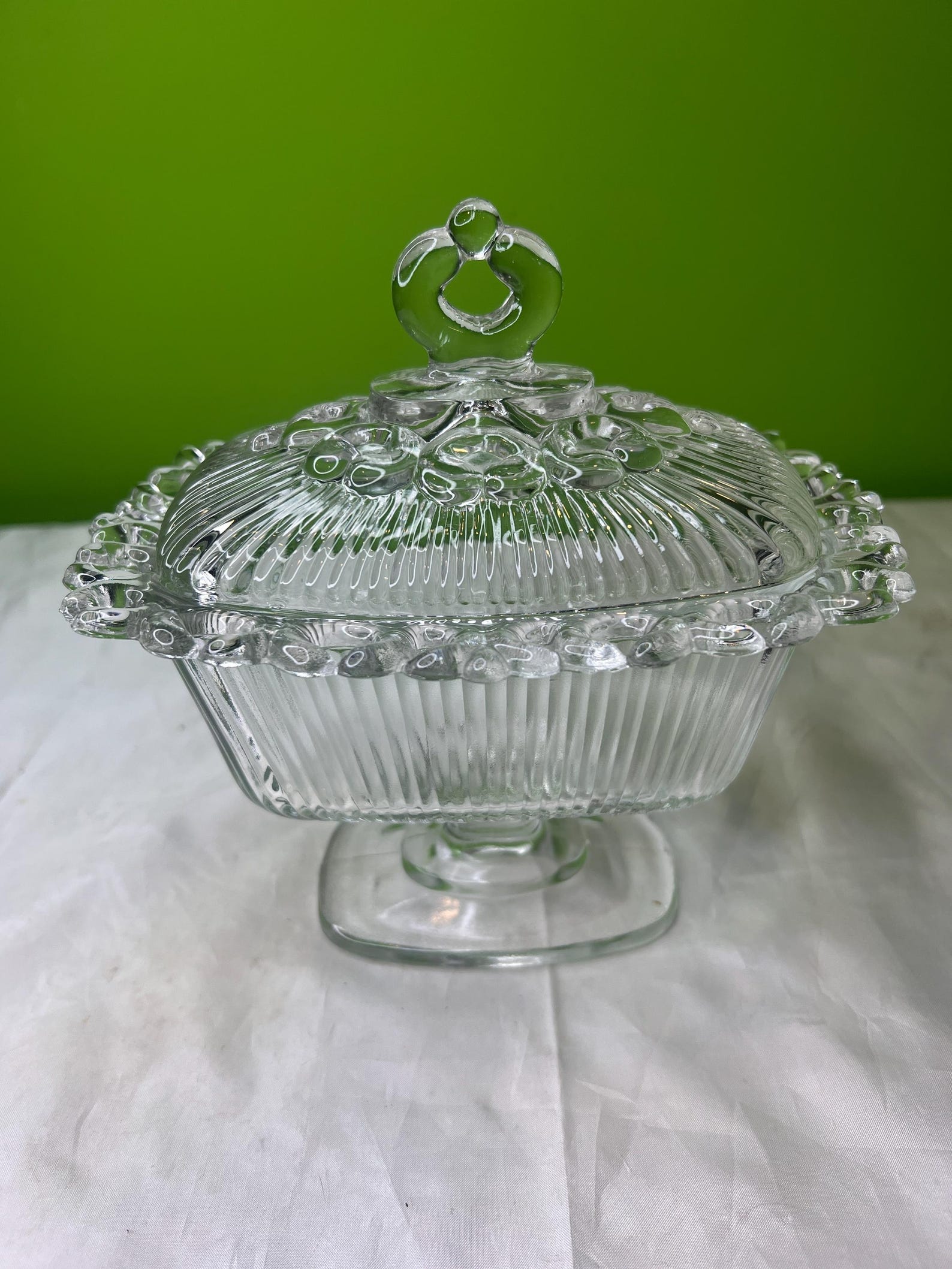 Vintage Indiana Glass Open Lace Rim Pedestal Rectangle Candy Box Dish ...