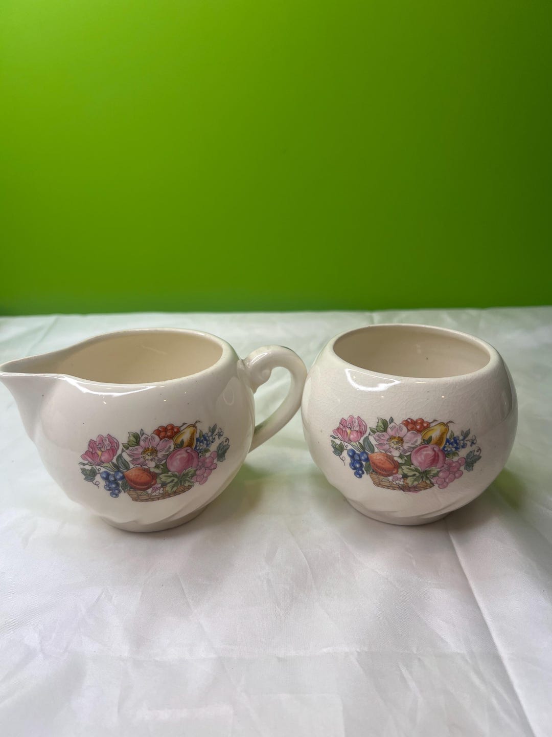 Vintage Harker Bakerite Lovelace Creamer and Sugar Bowl Fruit in Basket ...
