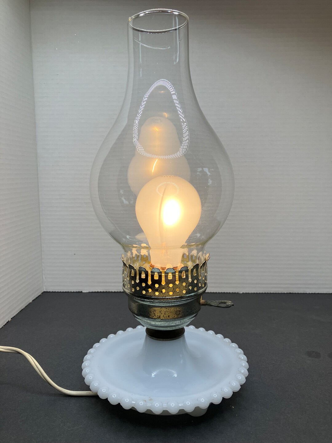 Vintage White Hobnail Milk Glass Hurricane Table Lamp 13 Tall GUC Base ...