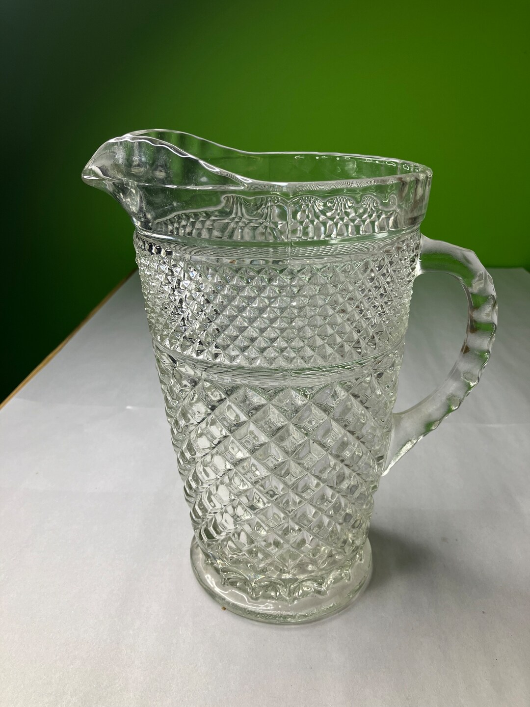 Vintage Heavy Clear Cut Glass Pitcher With Diamond Cut Pattern - Etsy