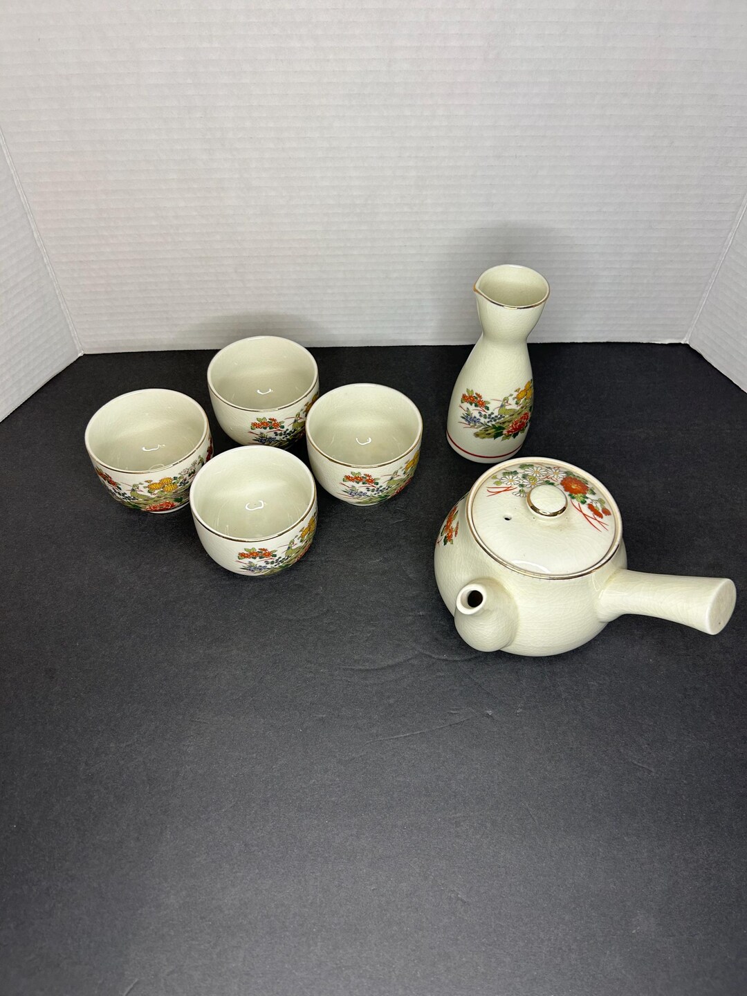 Vintage 6 Piece Porcelain Japanese Sake Set Gilded Pheasant Flower ...