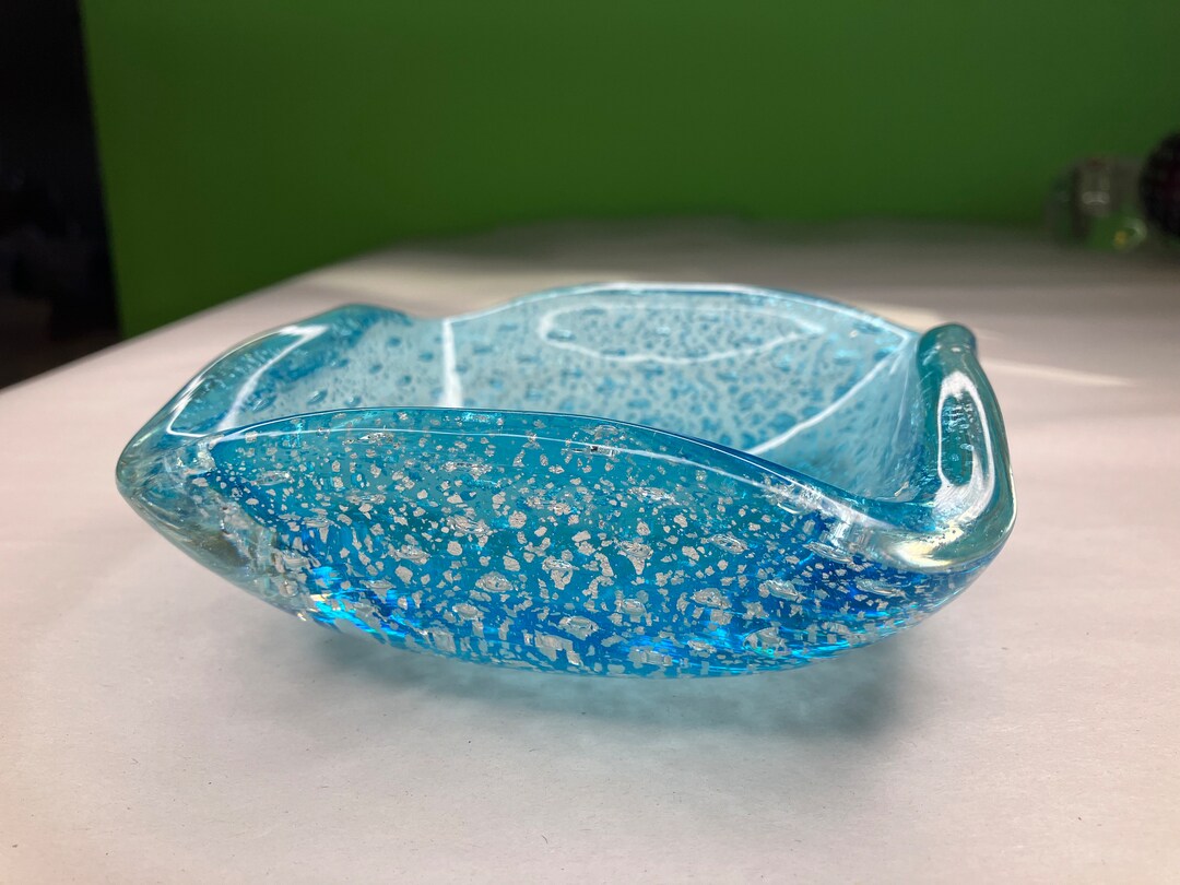 Vintage Hand Blown Blue and Silver Flake Glass Trinkets Dish With ...