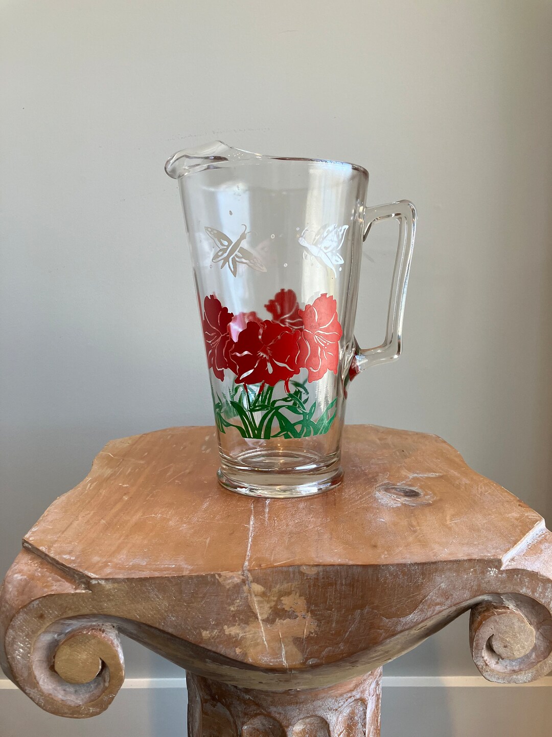 Vintage Clear Glass Pitcher Butterfly Red Flower and Greens - Etsy